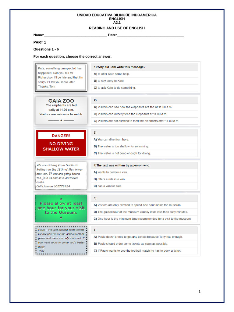 A2.1 English Reading Practice Test | PDF