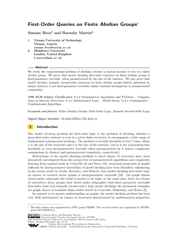 First-Order Queries on Finite Abelian Groups | PDF | Computational Complexity Theory | First ...