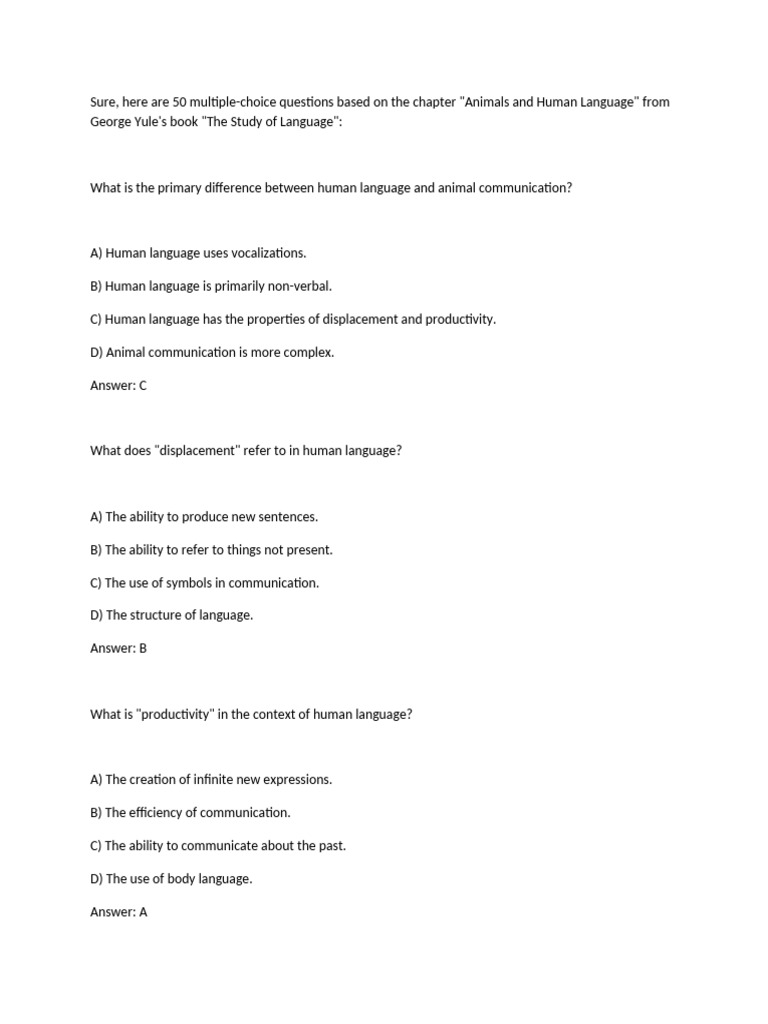Human vs. Animal Language Quiz | PDF | Communication | Linguistics