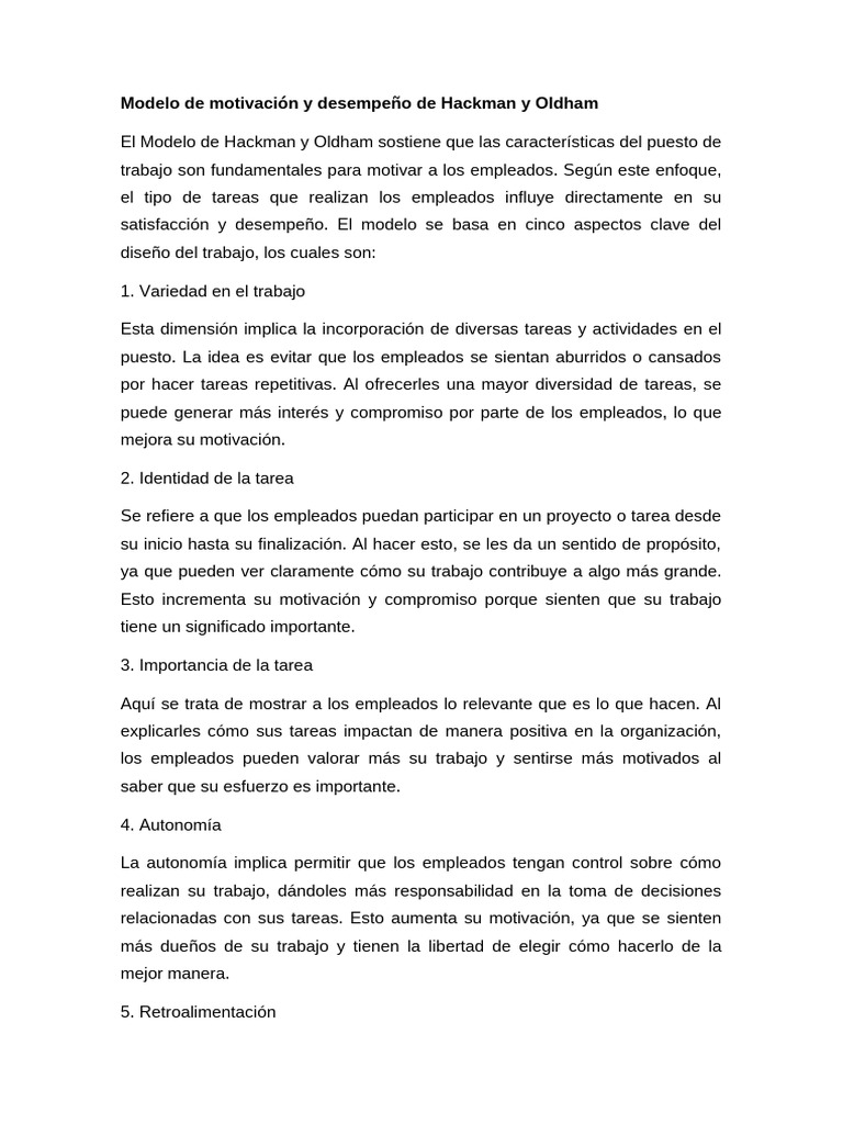 Modelo de motivación y desempeño de Hackman y Oldham | PDF | Motivación ...