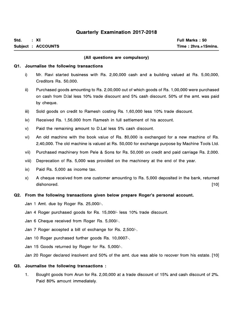 Isc Class 11 Qty Accounts 2018 | PDF