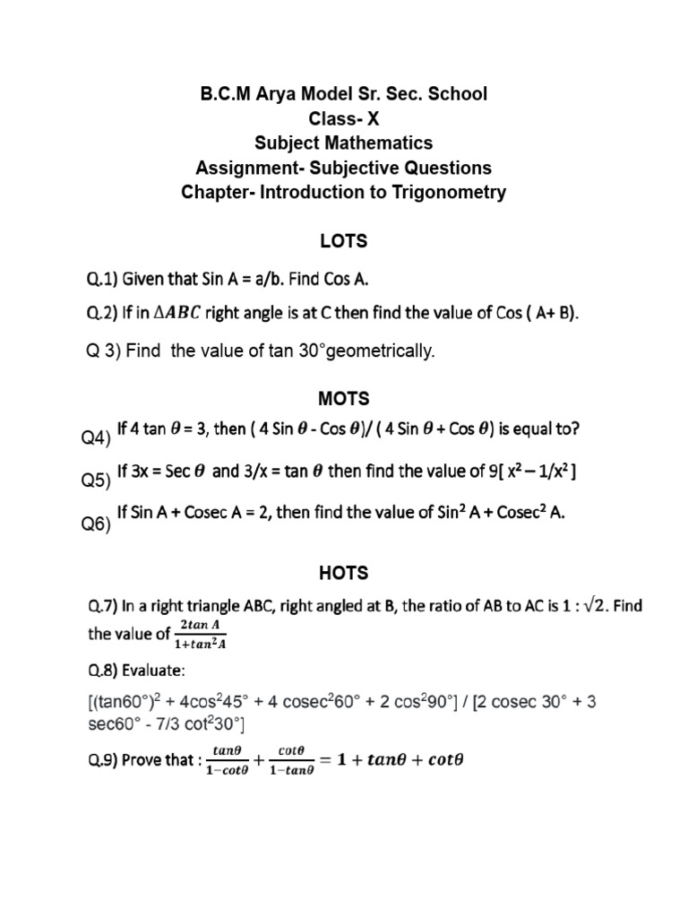 672 C 12879 Trigonometry Subjective Assignment | PDF