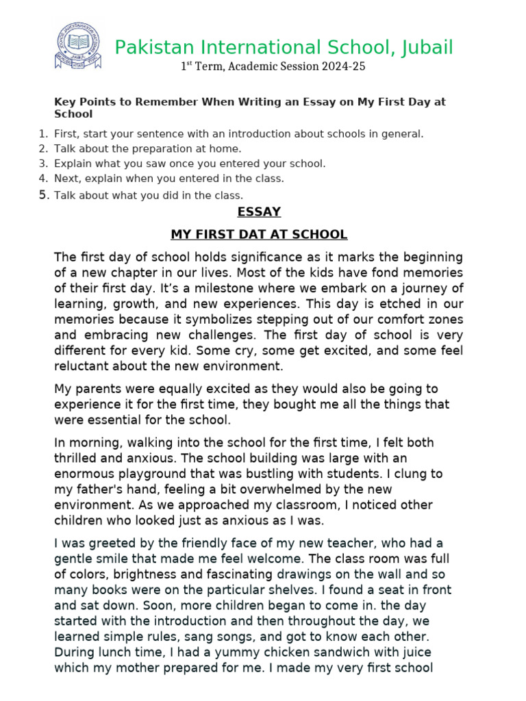 Essay (My First Day at School) | PDF