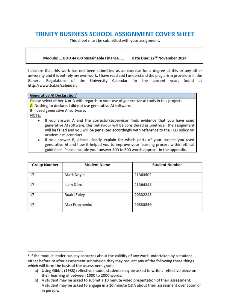 Sustainable Finance Report - Group 17 | PDF | Sustainability | Climate ...