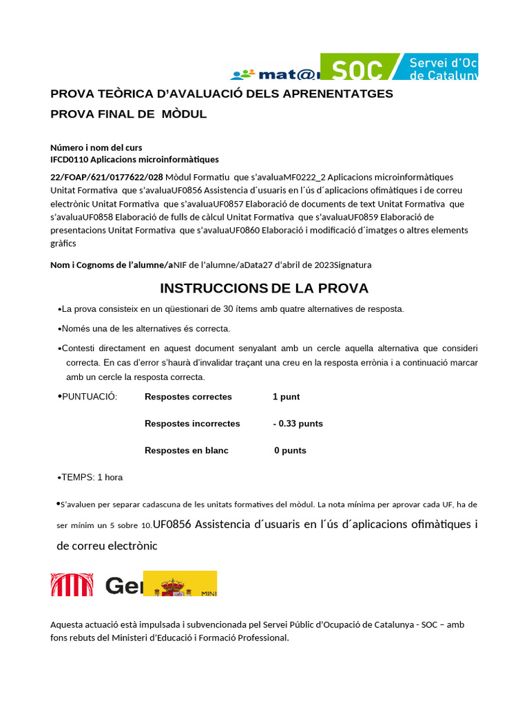 Examen Teorico Final Modulo MF0222 - 2 | PDF