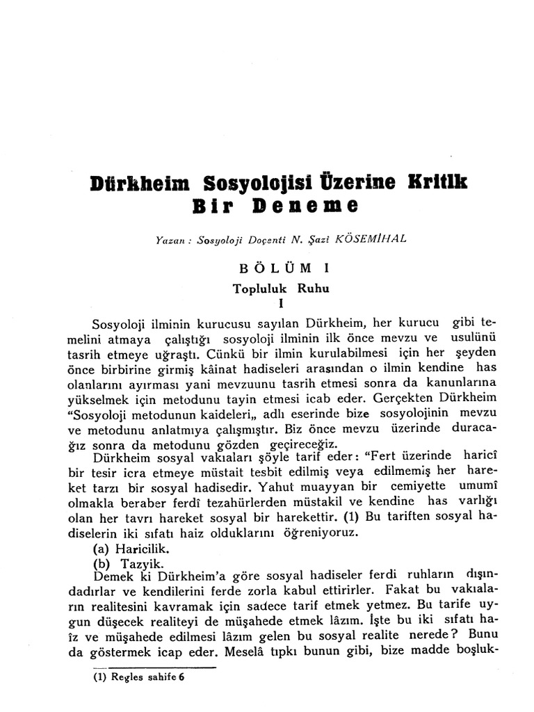 Durkheim Sosyolojisi - Zerine Kritik Bir Deneme (#5496) - 4838 | PDF