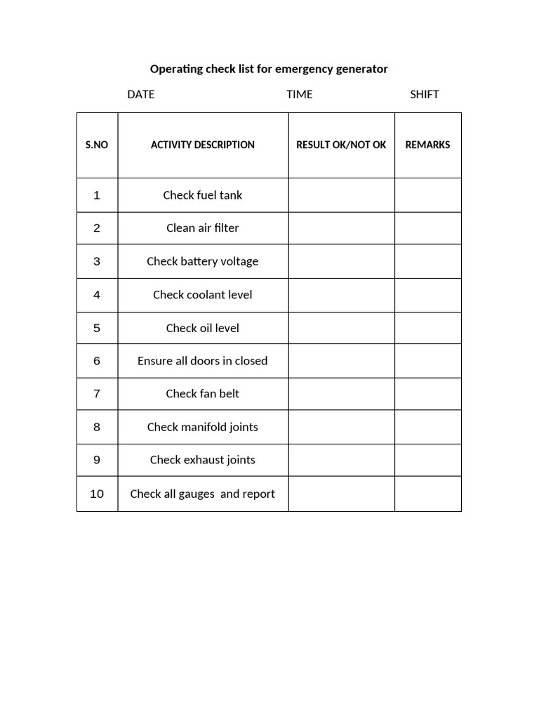 Emergency Generator Checklist | PDF