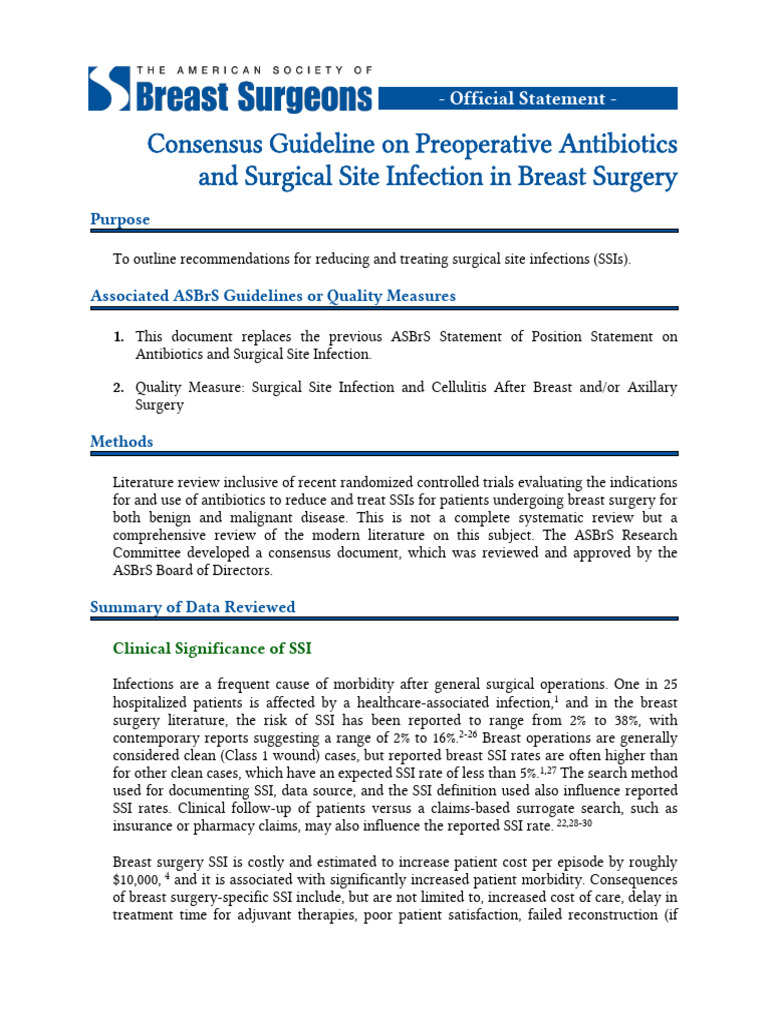 Consensus Guideline On Preoperative Antibiotics and Surgical Site Infection in Breast Surgery ...