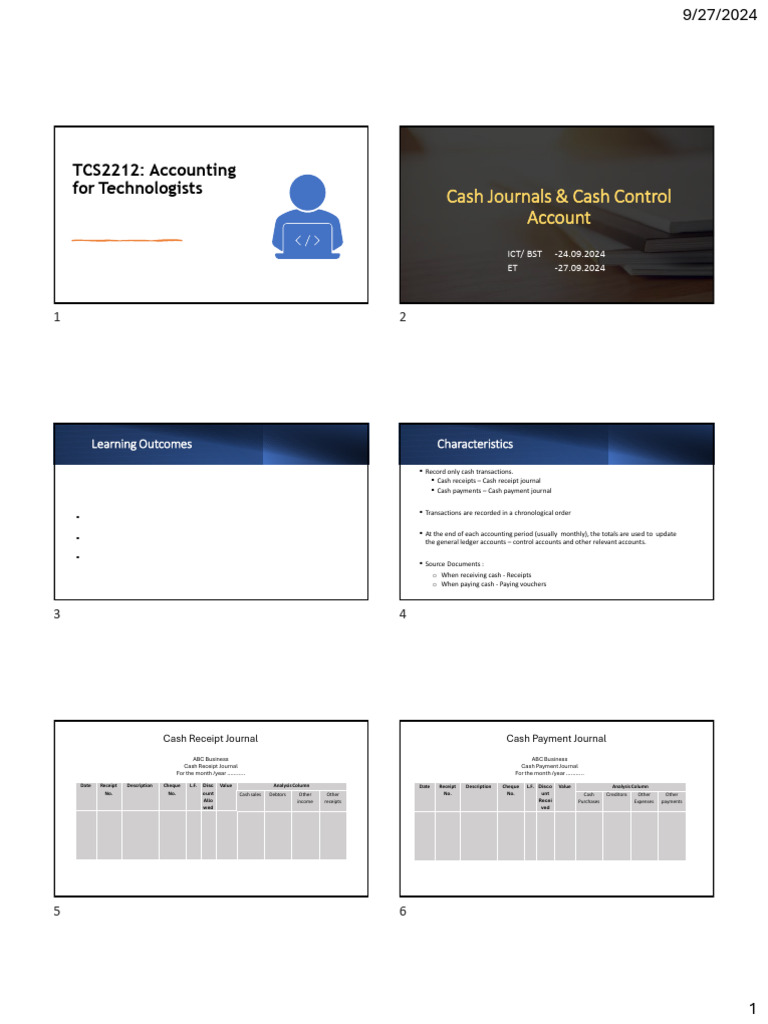 Lesson 6 Cash Journals Cash Control Account | PDF | Payments | Discounting