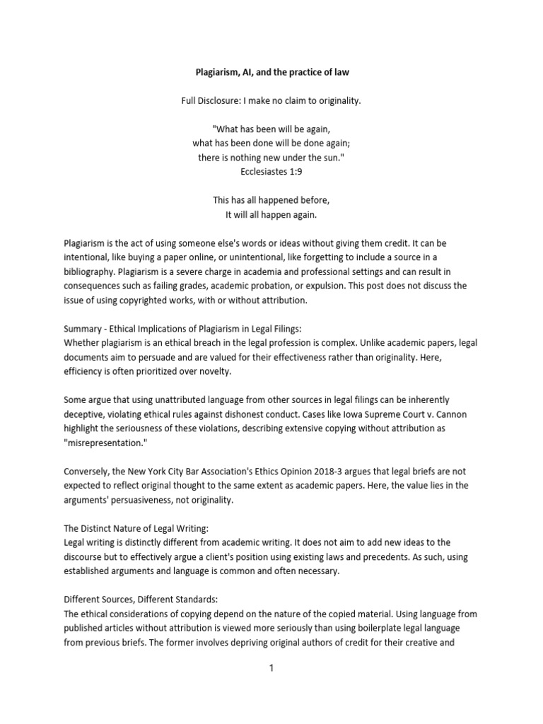 Plagiarism Ai And The Practice Of Law Pdf Plagiarism Artificial Intelligence