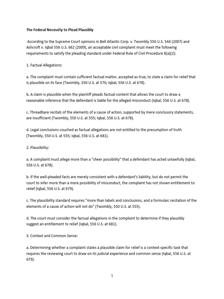 The Federal Necessity to Plead Plausibly | PDF | Bell Atlantic Corp. V. Twombly | Ashcroft V. Iqbal