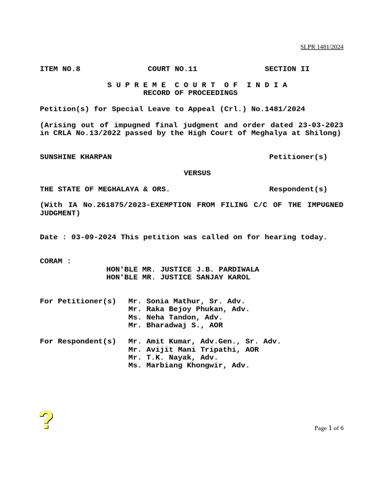 Sunshina Kharpan V The State of Meghalya | PDF | Justice | Crime & Violence