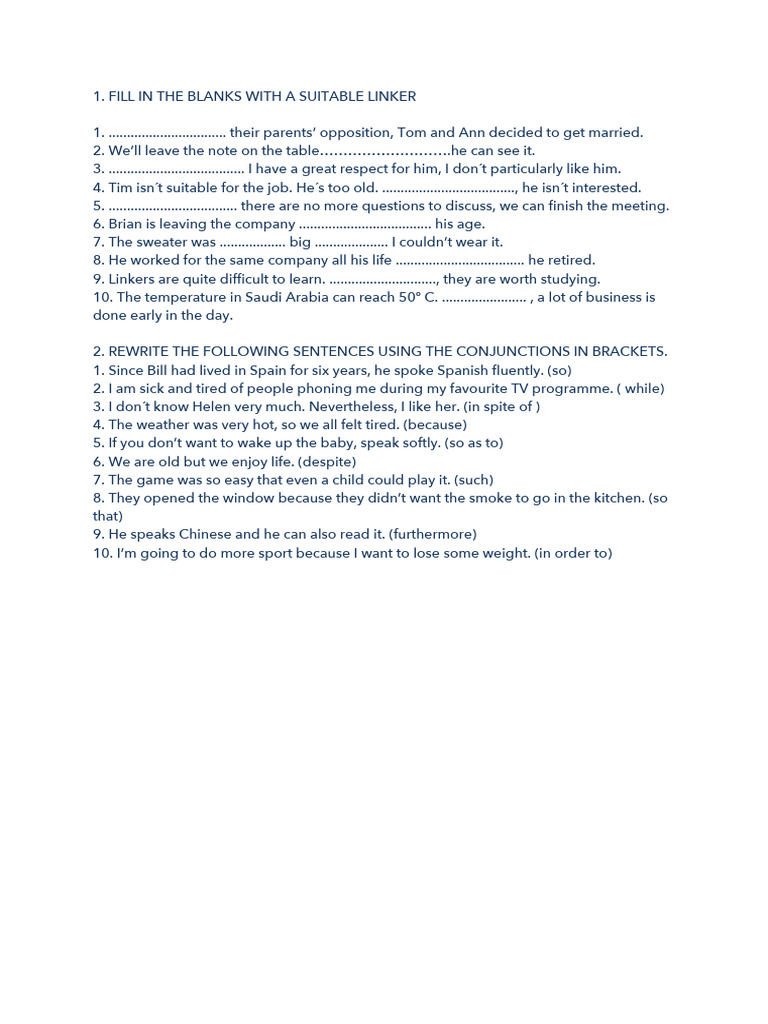 Linking Words Exercise Worksheet | PDF