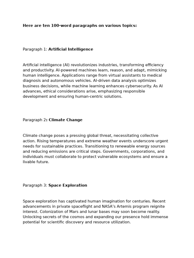 10 Paragraphs of 100 Words | PDF | Renewable Energy | Artificial ...