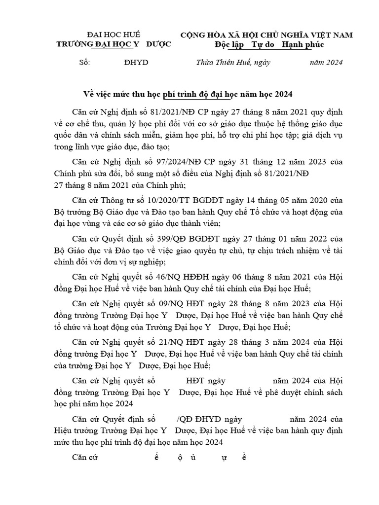 1893-TB-DHYD-2024 Thông báo về mức thu học phí trình độ đại học năm học ...