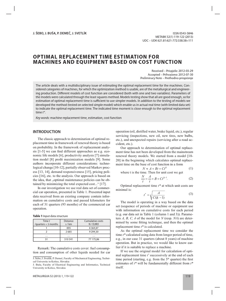 Optimal Replacement Time Estimation For Machines and Equipment Based On Cost Function | PDF ...