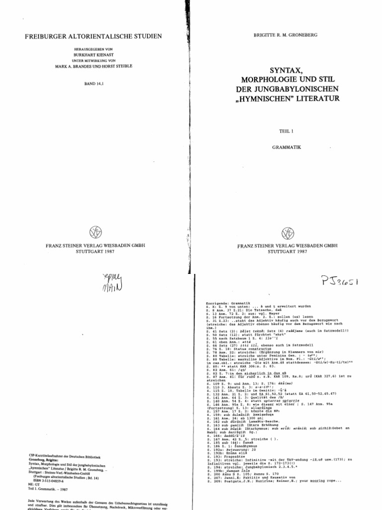 Groneberg, Syntax, Morphologie Und Stil Der Jungbabylonischen I-II | PDF