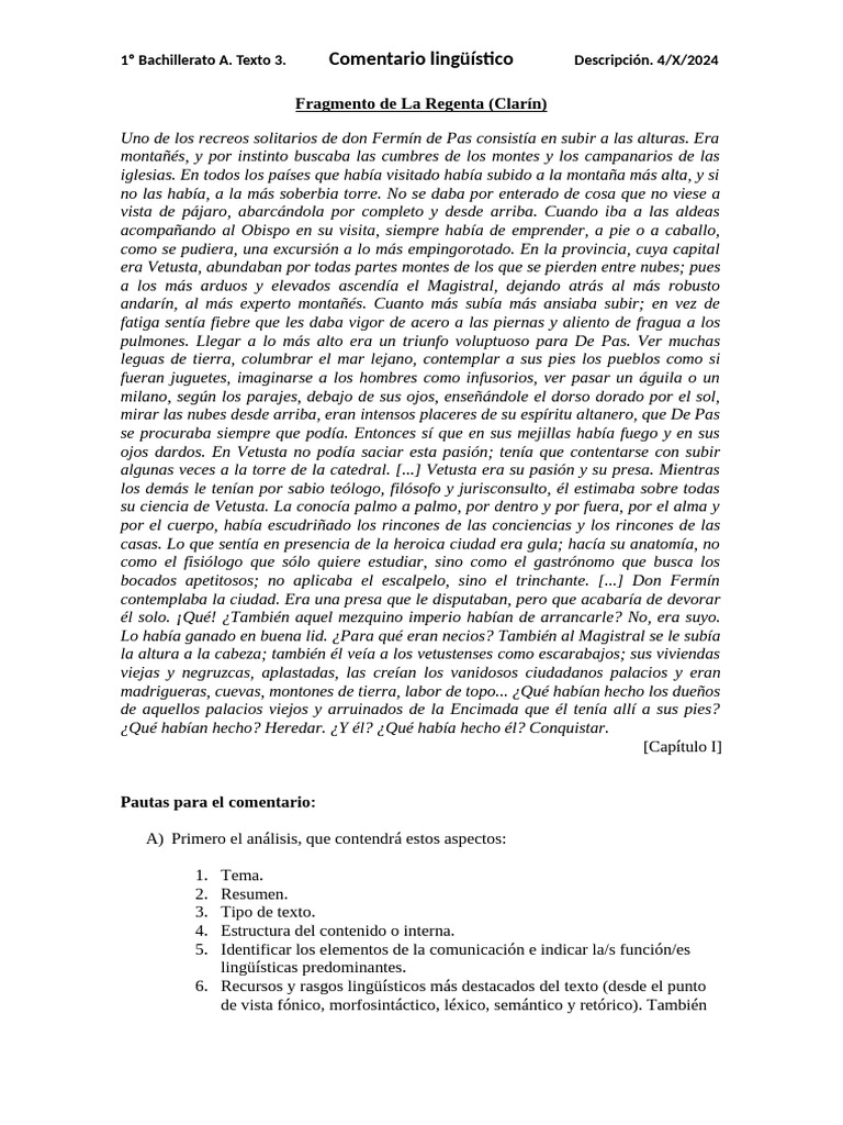 Texto Descriptivo - La Regenta - Ficha 3 - Bachillerato 2 | PDF