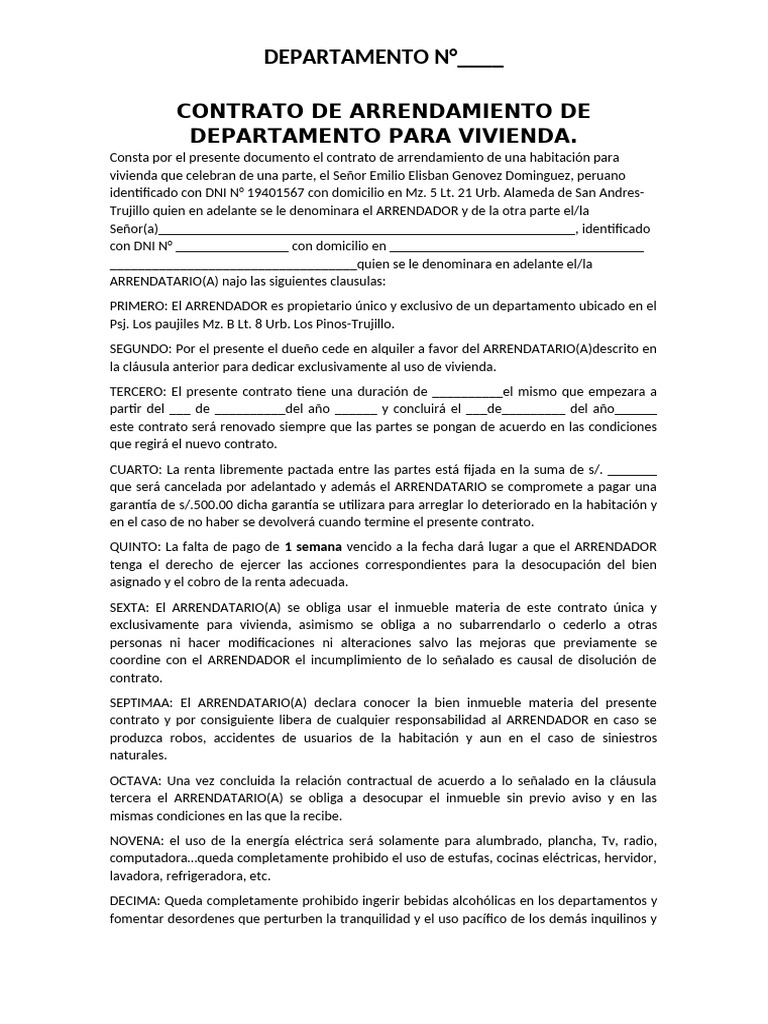 Contrato de Arrendamiento de Departamento | PDF