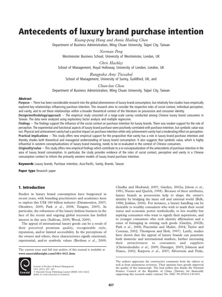 Antecedents of luxury brand purchase intention | PDF | Brand | Survey Methodology