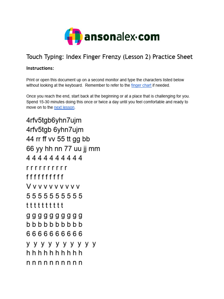 Touch Typing Practice Sheet: Lesson 2 | PDF