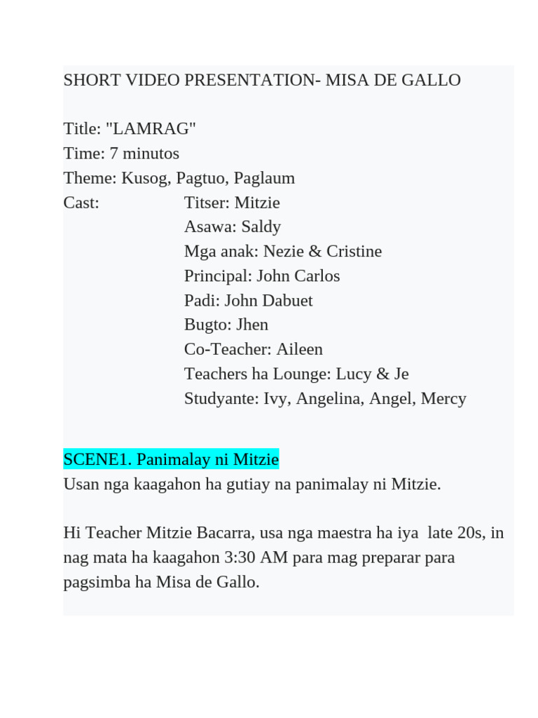 SHORT-VIDEO-PRESENTATION-PLOT-SKIT-MISA-DE-GALLO | PDF