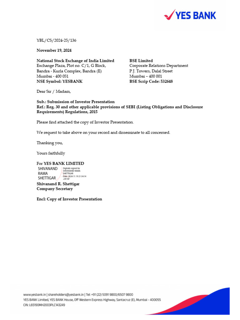 YES Bank Investor Presentation Nov 2024 | PDF | Banks | Inflation