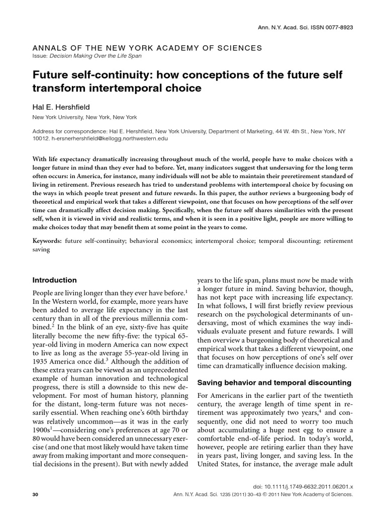Annals of The New York Academy of Sciences - 2011 - Hershfield - Future Self Continuity How ...