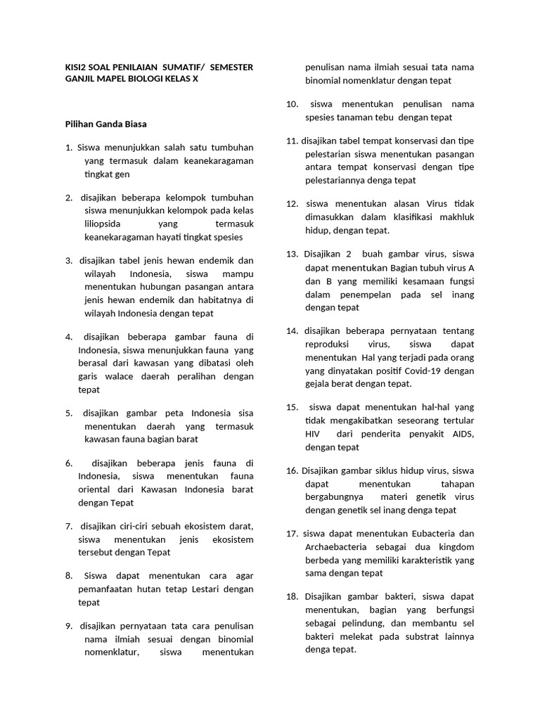 Kisi2 Soal Biologi KLS X Penilaian Sumatif Ganjil 2024 | PDF