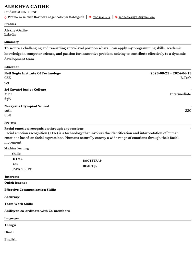 Alekhya Gadhe Resume | PDF