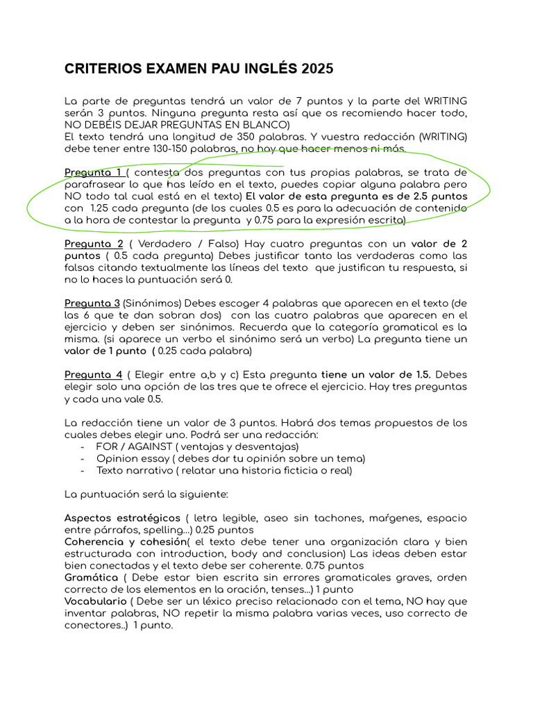 Criterios Examen Pau Inglés 2025-1 | PDF