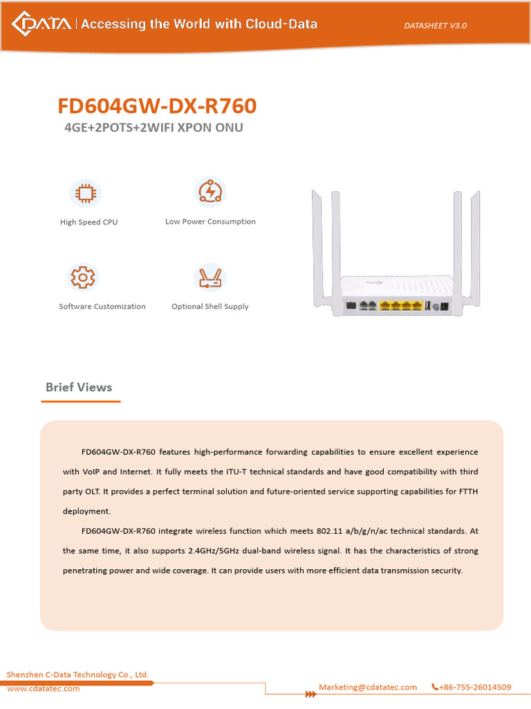 Cdata Xpon Onu fd604gw DX r760 4ge 2pots 2wifi Datasheet v3 0 | PDF | Digital Technology ...