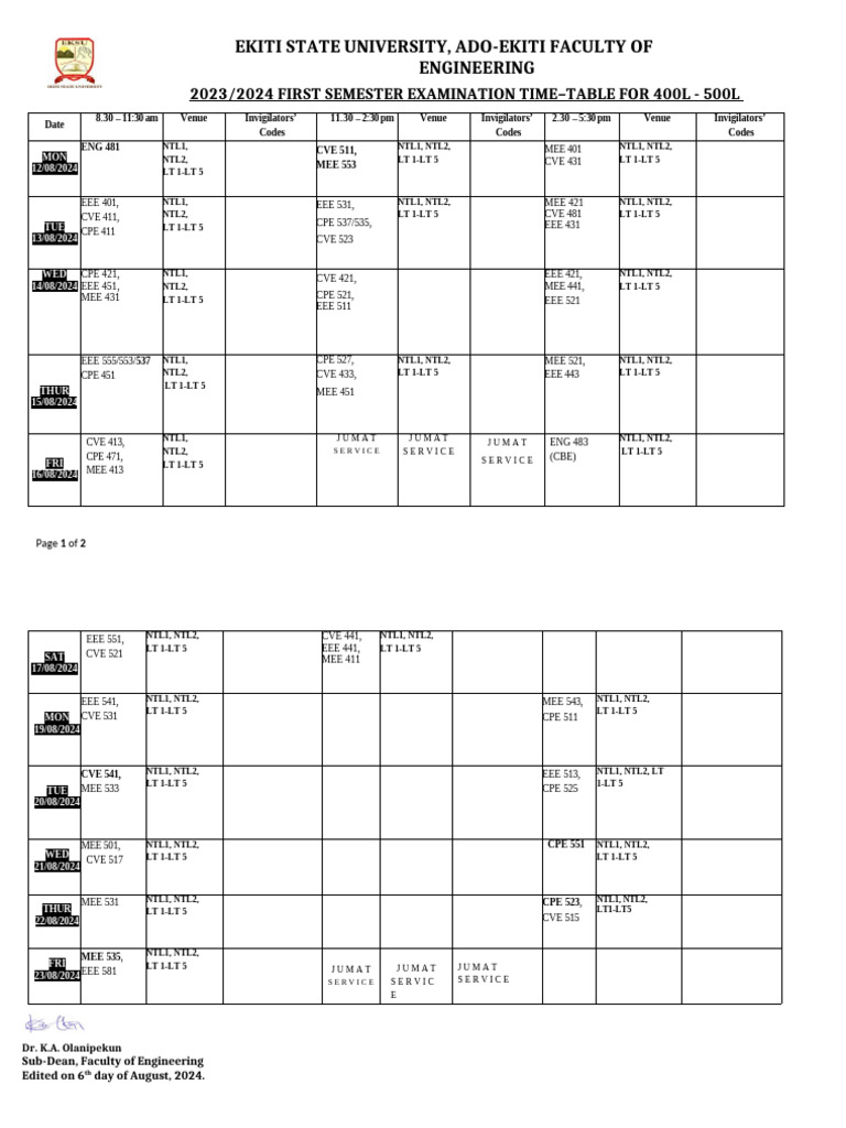 Amended 2023 - 2024 1st Sem Exam Timetable 400 & 500 L | PDF