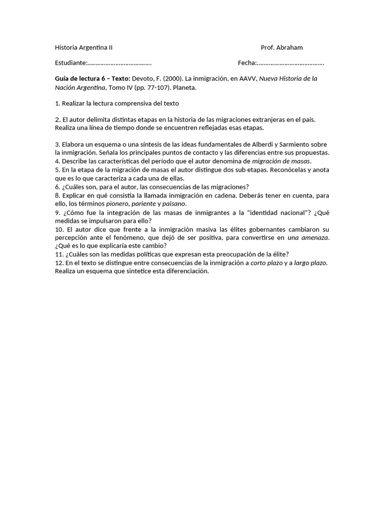 Guia de Lectura 6 Devoto | PDF