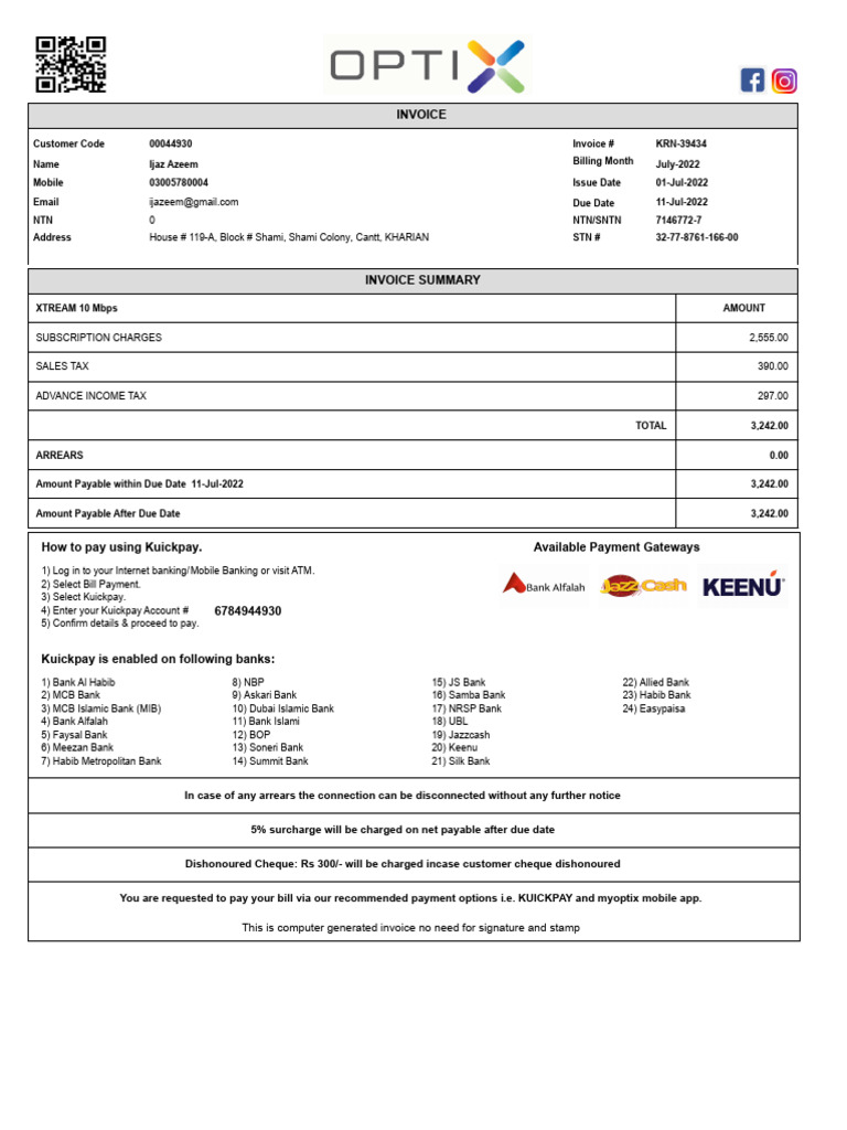 Optix Fiber Invoice for July 2022 | PDF | Invoice | Cheque