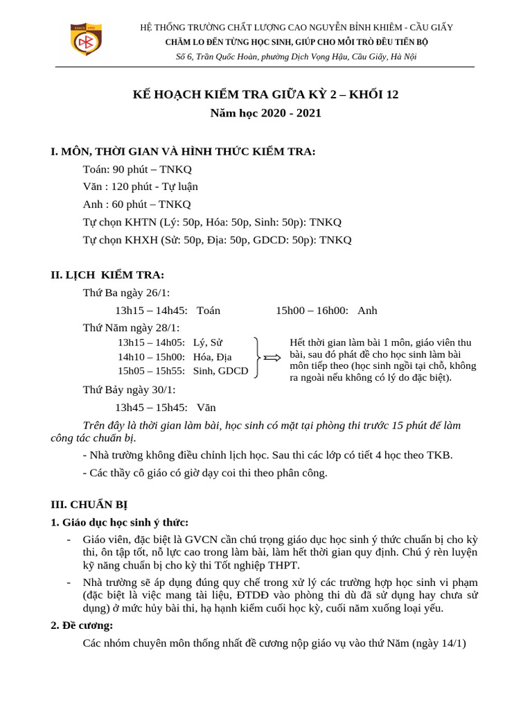 KH Thi Giua Ky 2 2020 2021 | PDF
