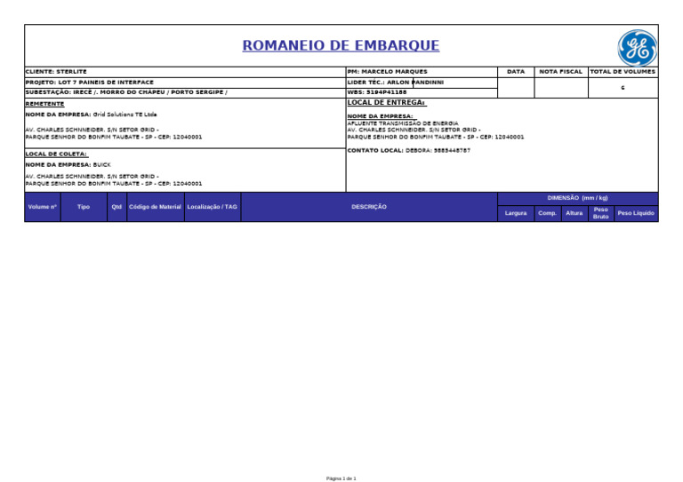 Romaneio - SE INTERFACES . WBS- 5194P41183. | PDF