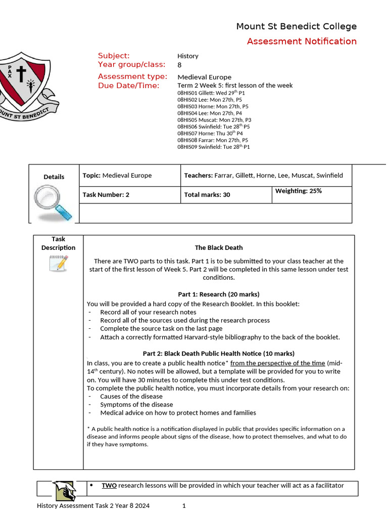 2024 Year 8 History Assessment Two Notification | PDF | Information ...