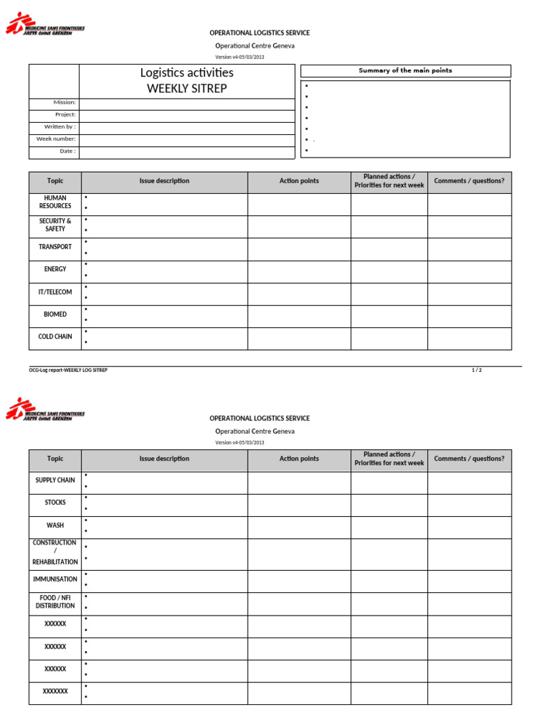 OCG_log_report_WEEKLY_LOG_SITREP_TEMPLATE | PDF | Logistics | Business ...