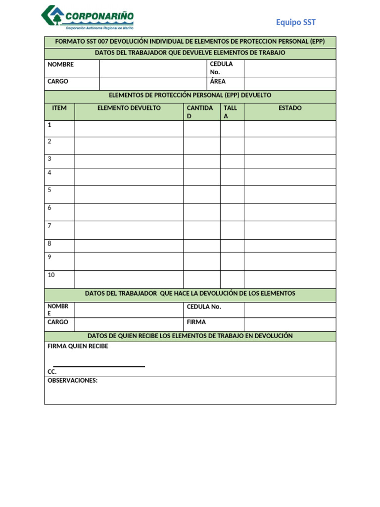 Devolución de EPP: Formato SST 007 | PDF