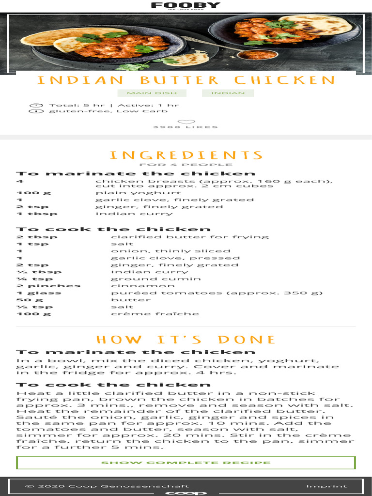Indian Butter Chicken - Recipes Fooby - CH | PDF