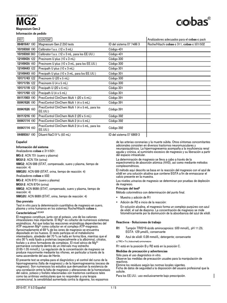 Test de Magnesio para Analizadores Cobas | PDF