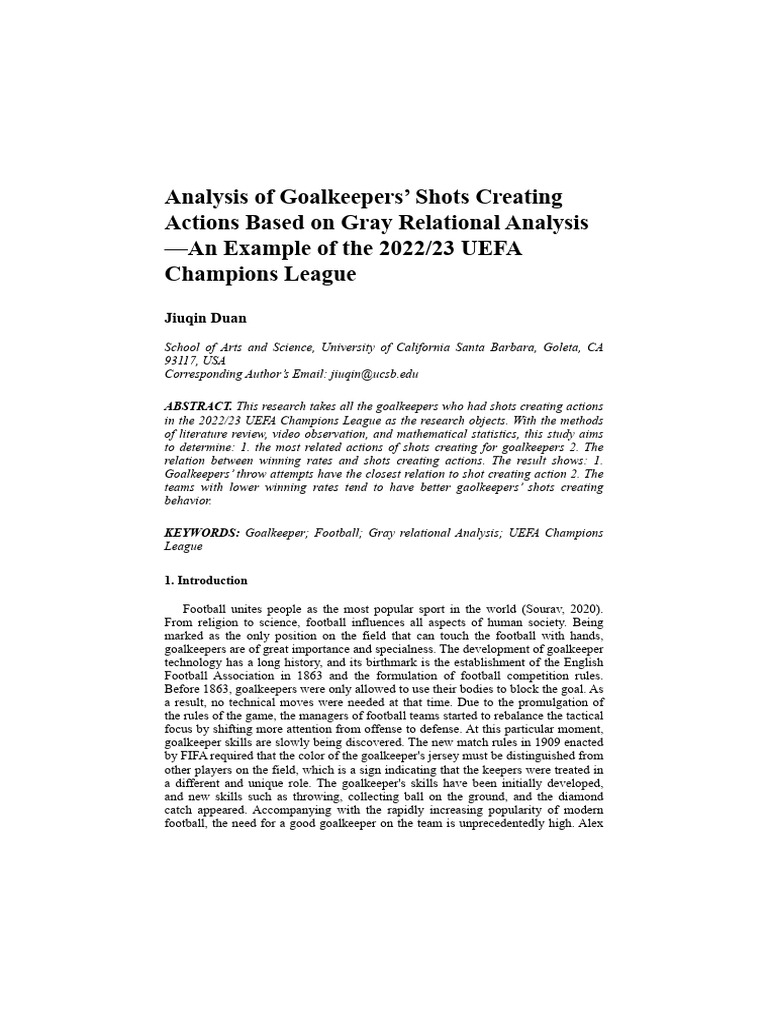 Analysis of Goalkeepers' Shots Creating Actions Based On Gray ...