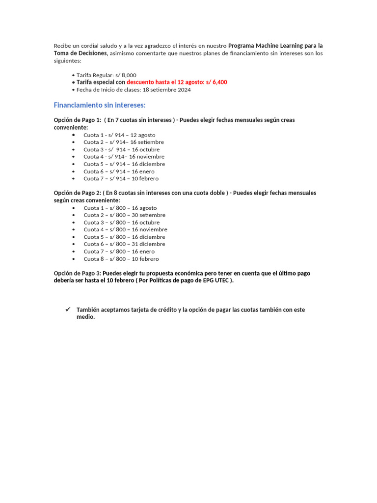 Financiamiento especial con cuotas sin intereses agosto - febrero - P ...