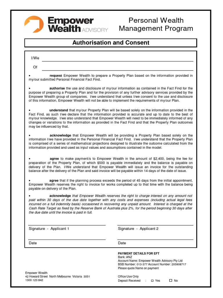 Authorisation and Consent Form Property Investment Plan Empower Wealth ...