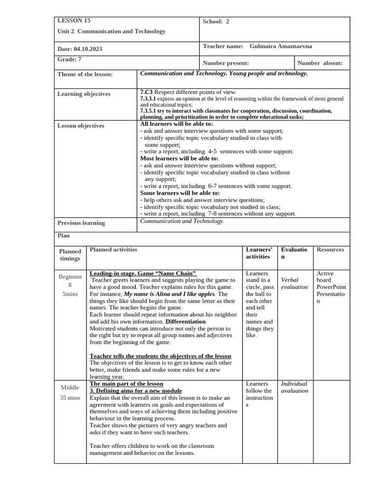 Lesson Plan Communicative and Technology Grade 7 | PDF | Learning ...