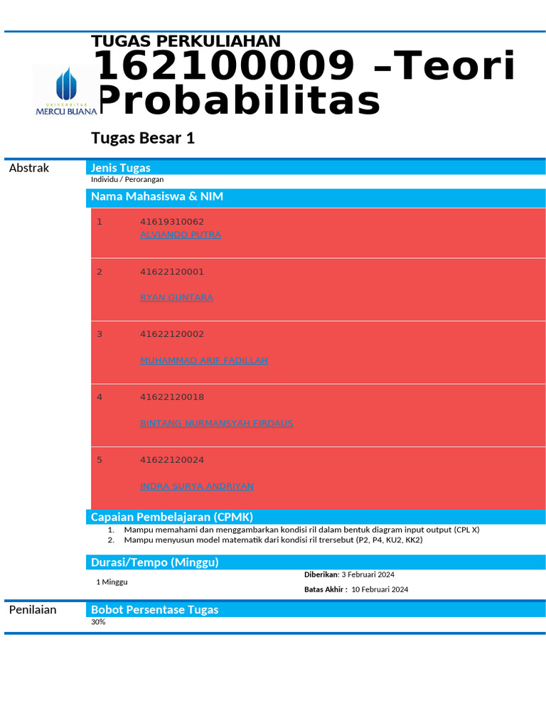 Tugas Teori Probabilitas [TM1] | PDF