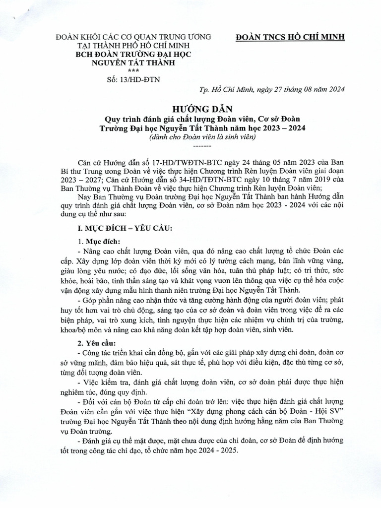 SV HD13 Danh Gia Chat Luong Doan Vien Sinh Vien NH 2023 2024 - 0001 1 | PDF