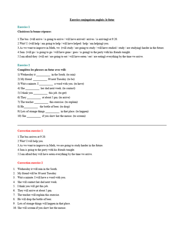 Futur en anglais: exercices de conjugaison | PDF
