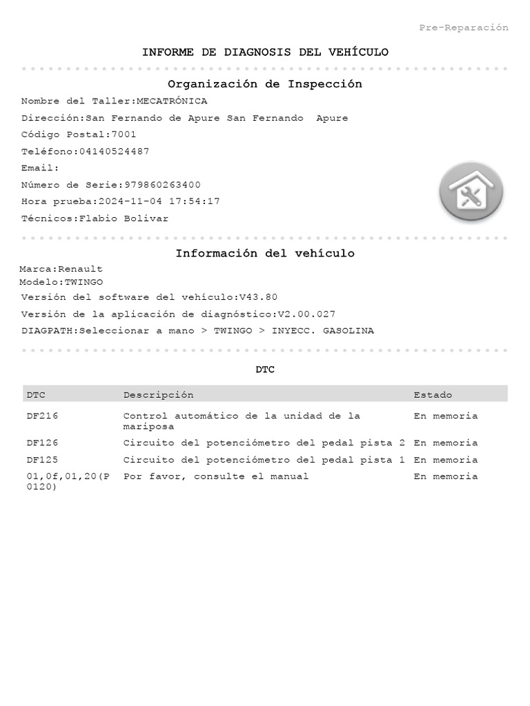 Informe Diagnóstico DF216 Renault Twingo | PDF